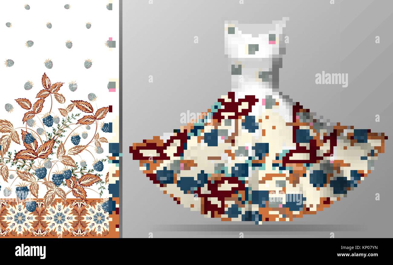 Seamless vertical raspberries design with ornate border. Floral pattern ...