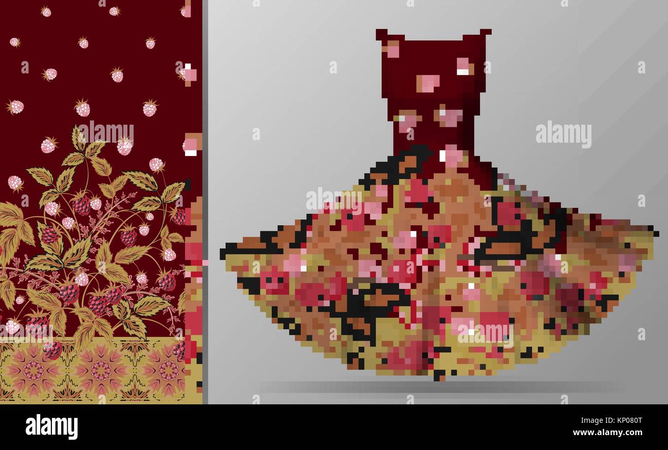 Seamless vertical raspberries design with ornate border. Floral pattern ...