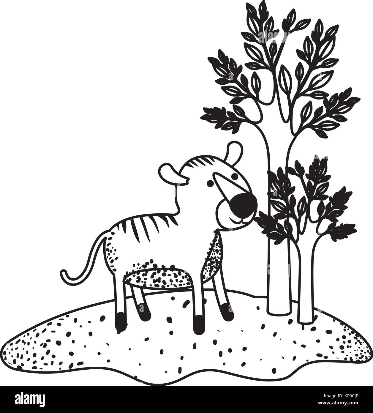 tiger cartoon next to the trees in black sections silhouette Stock ...