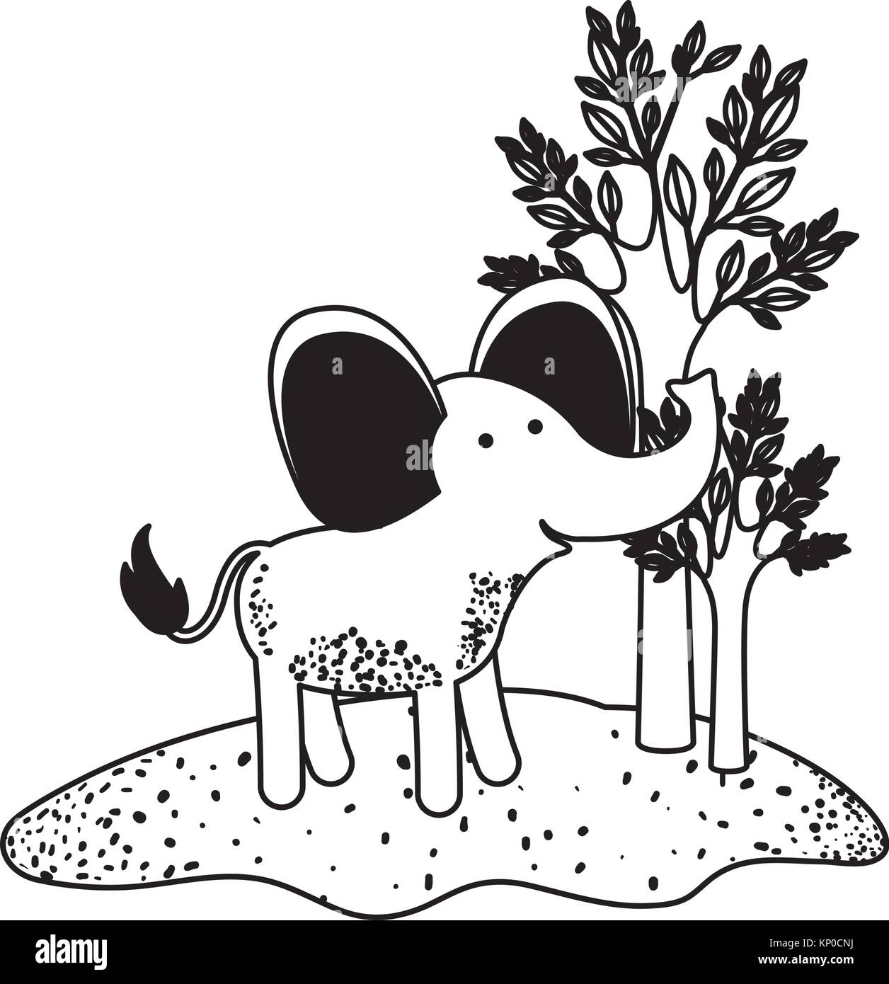 elephant cartoon next to the trees in black sections silhouette Stock ...