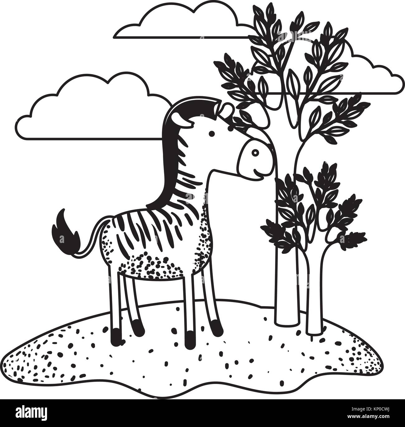 zebra cartoon in outdoor scene with trees and clouds in black sections ...
