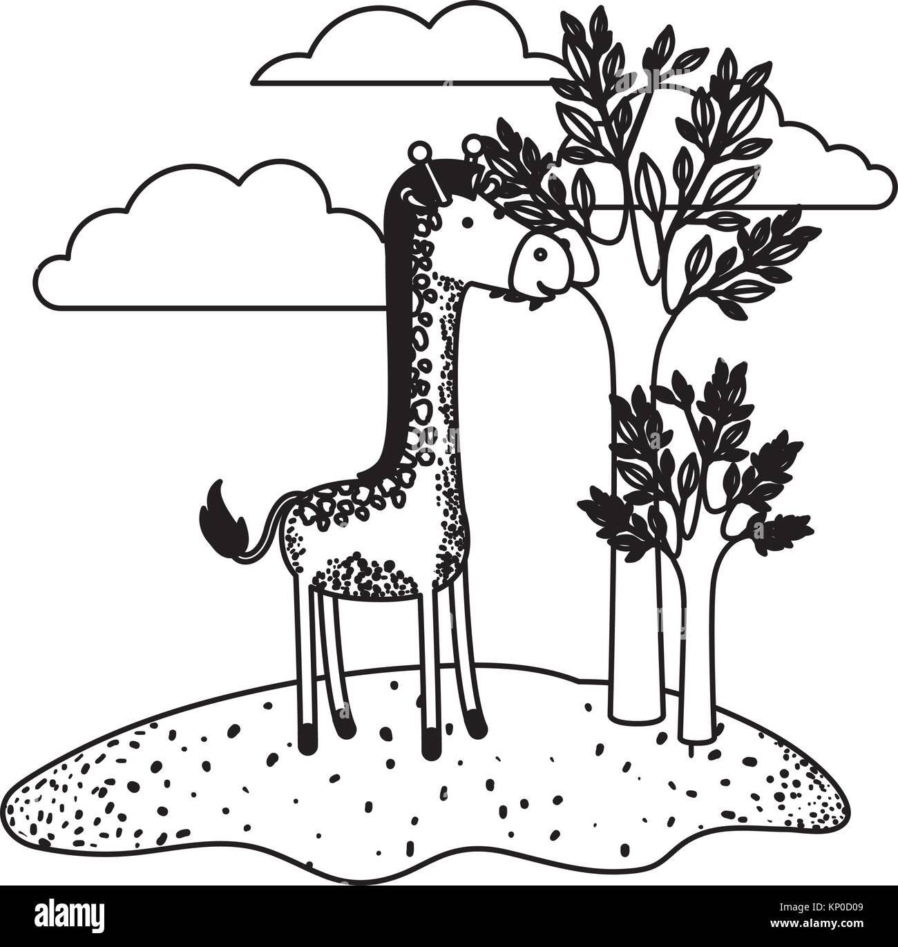 giraffe cartoon in outdoor scene with trees and clouds in black ...