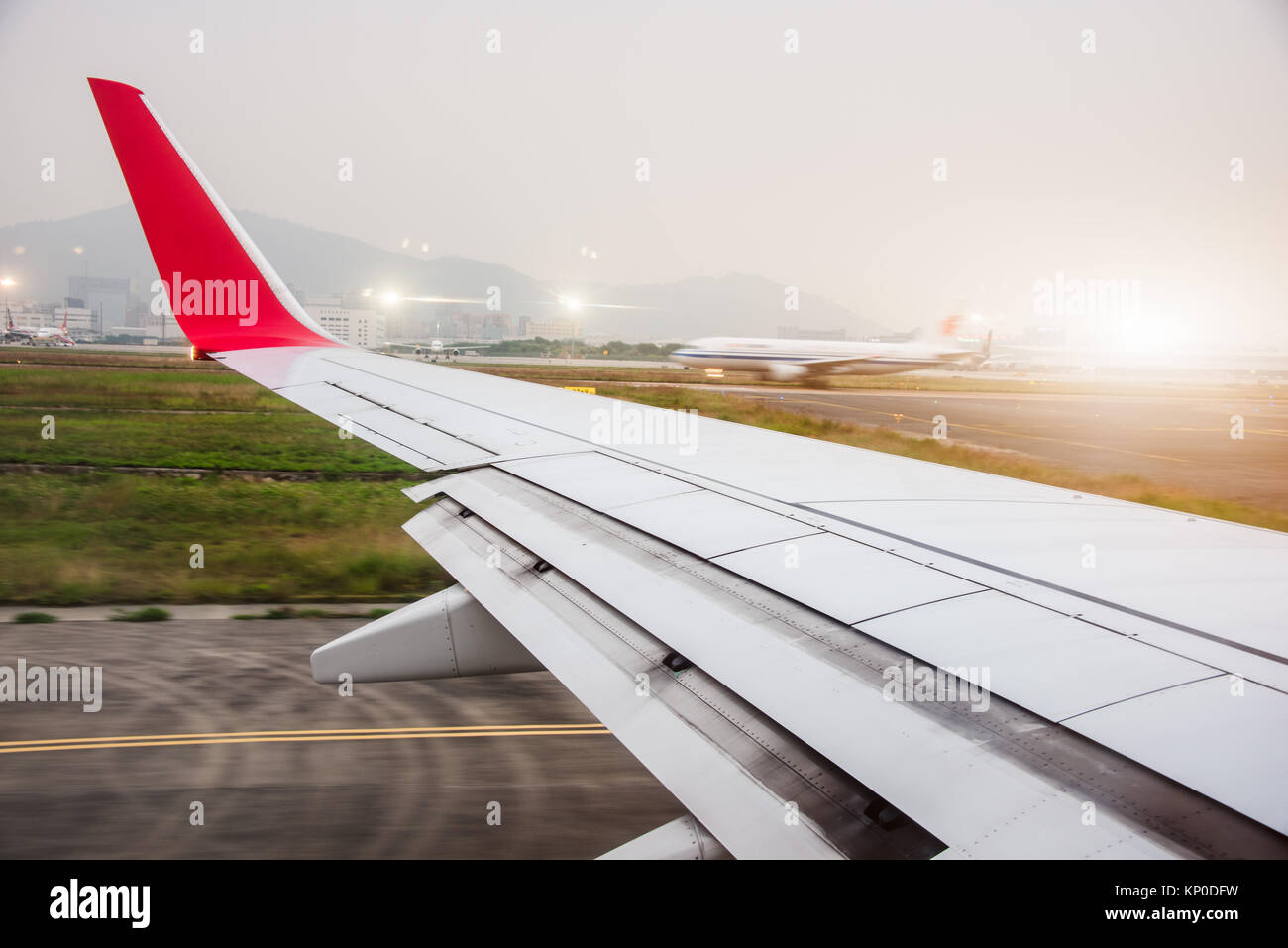 View of air plane wing during take off or landing,travel concept Stock ...