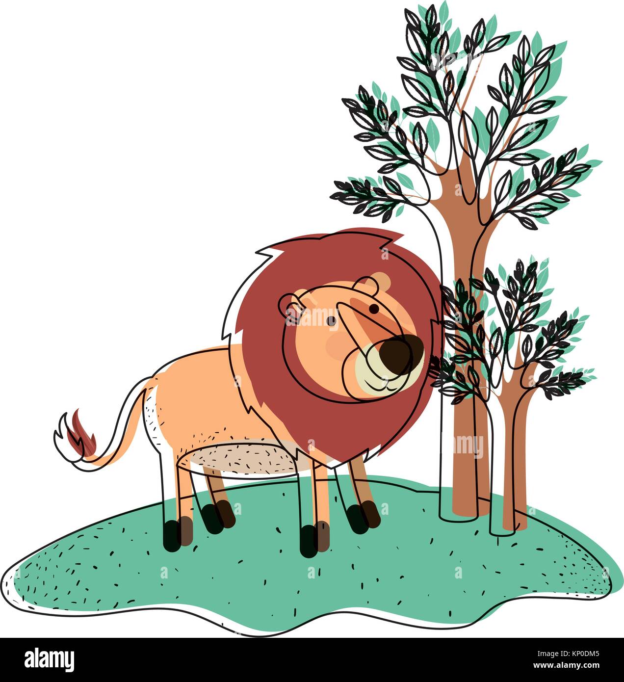 lion cartoon in forest next to the trees in watercolor silhouette Stock ...