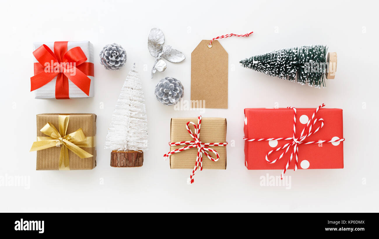 Gift box collection and christmas decoration on white background Stock ...