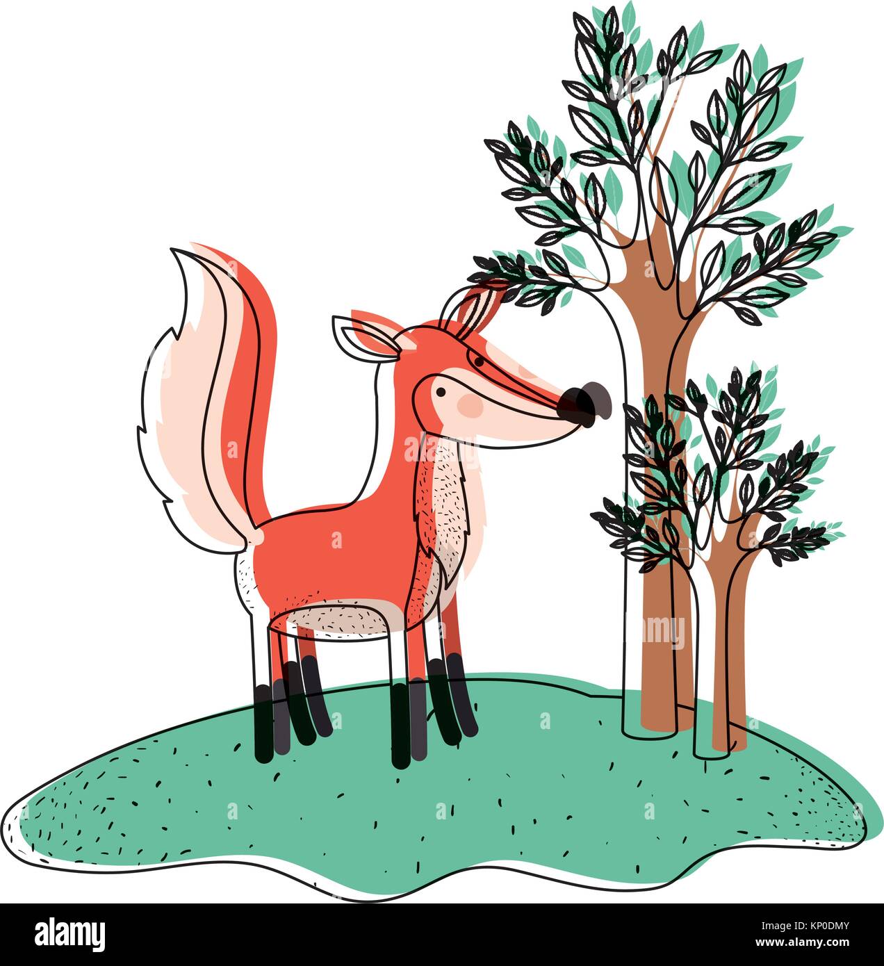 fox cartoon in forest next to the trees in watercolor silhouette Stock ...