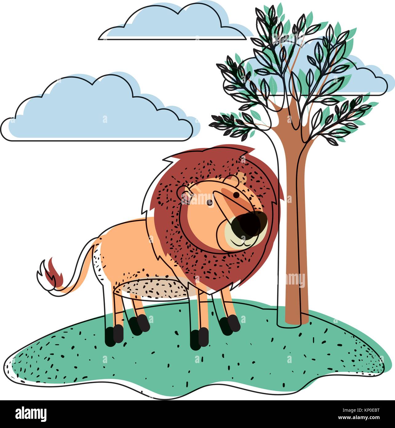 lion cartoon in outdoor scene with trees and clouds in watercolor ...