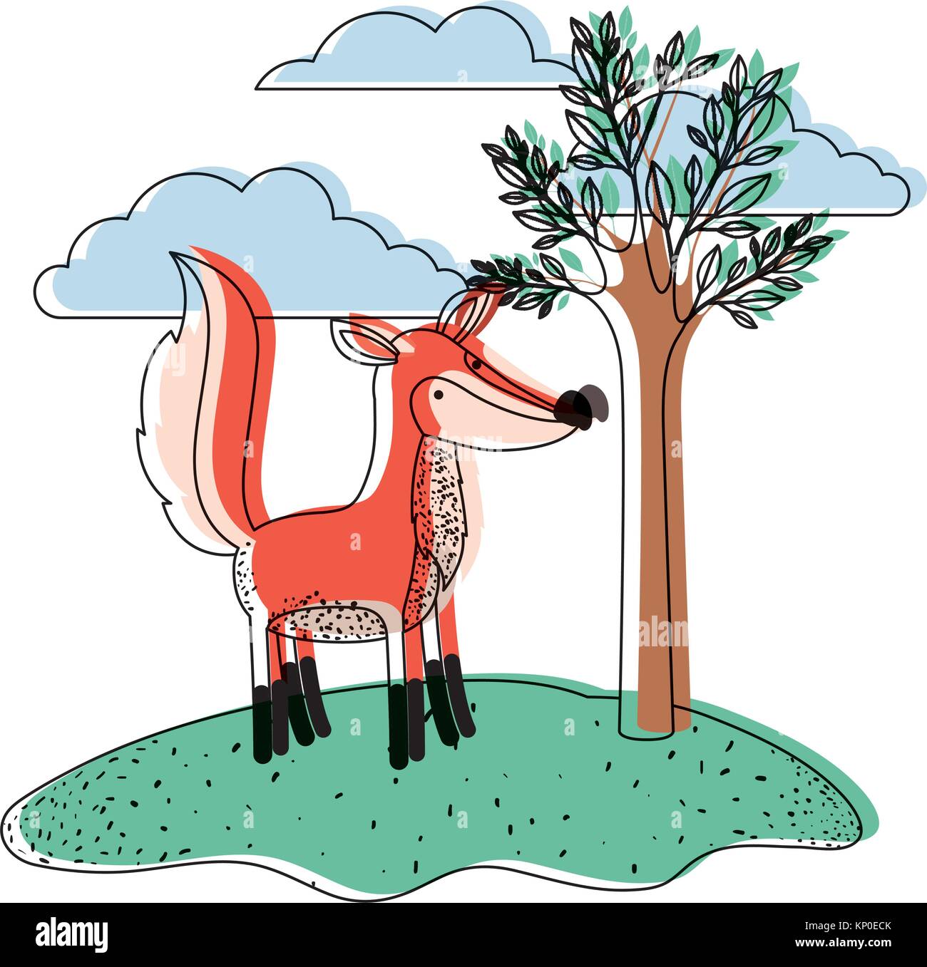 fox cartoon in outdoor scene with trees and clouds in watercolor ...