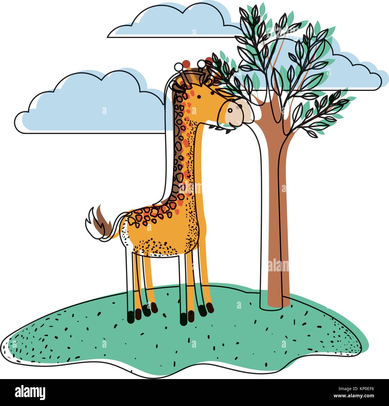 giraffe cartoon in outdoor scene with trees and clouds in watercolor ...