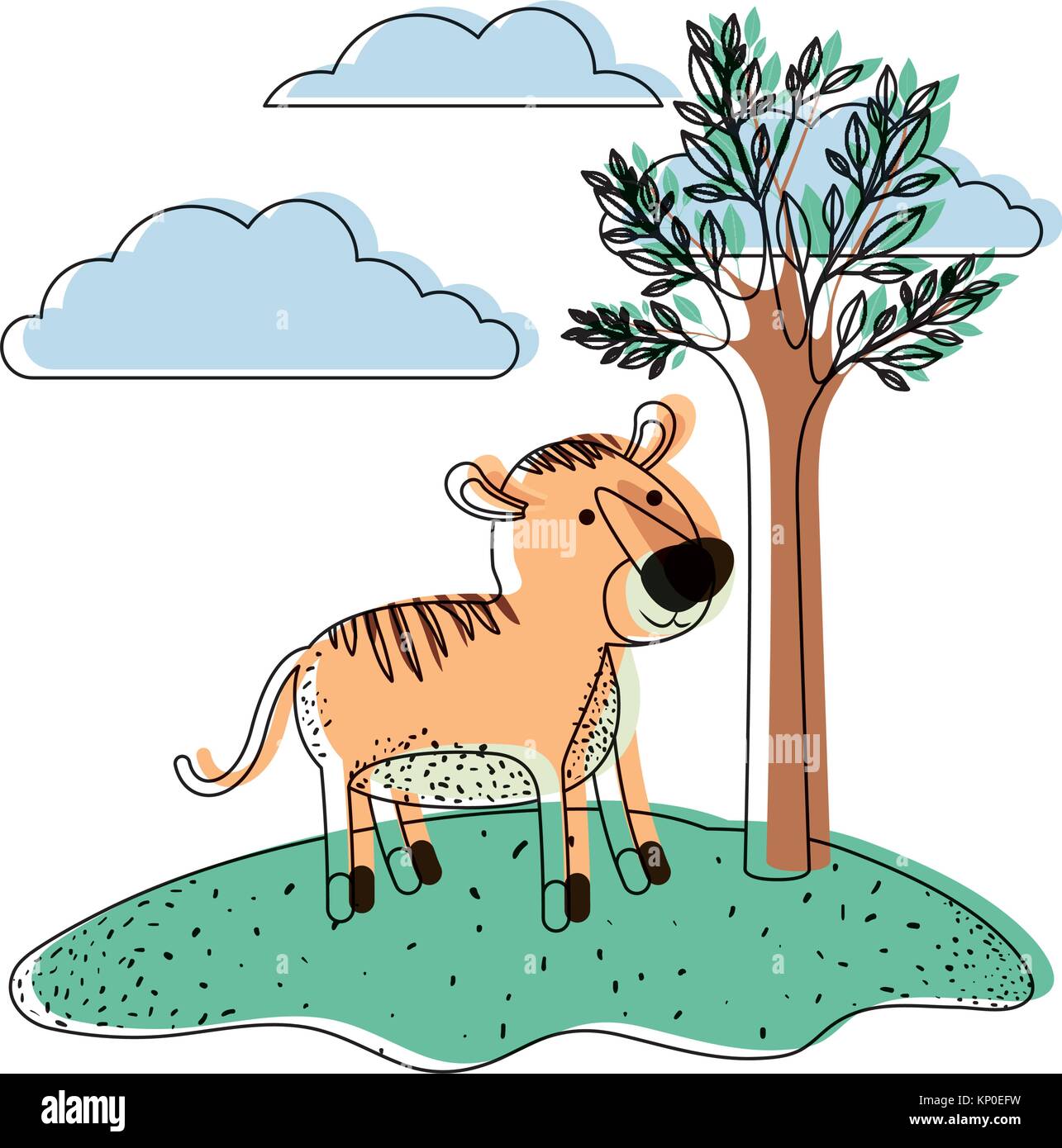 tiger cartoon in outdoor scene with trees and clouds in watercolor ...