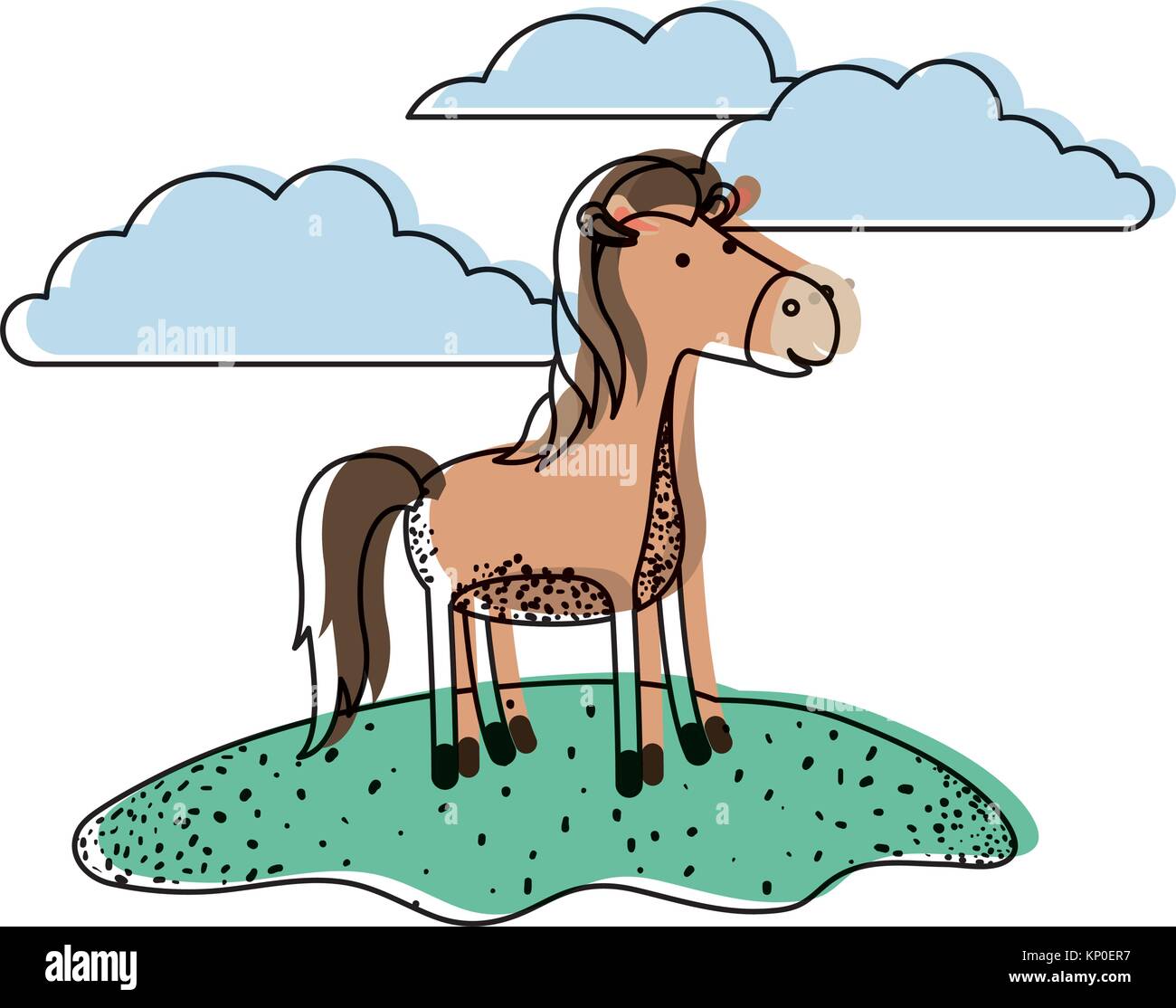 horse cartoon in outdoor scene with clouds in watercolor silhouette ...
