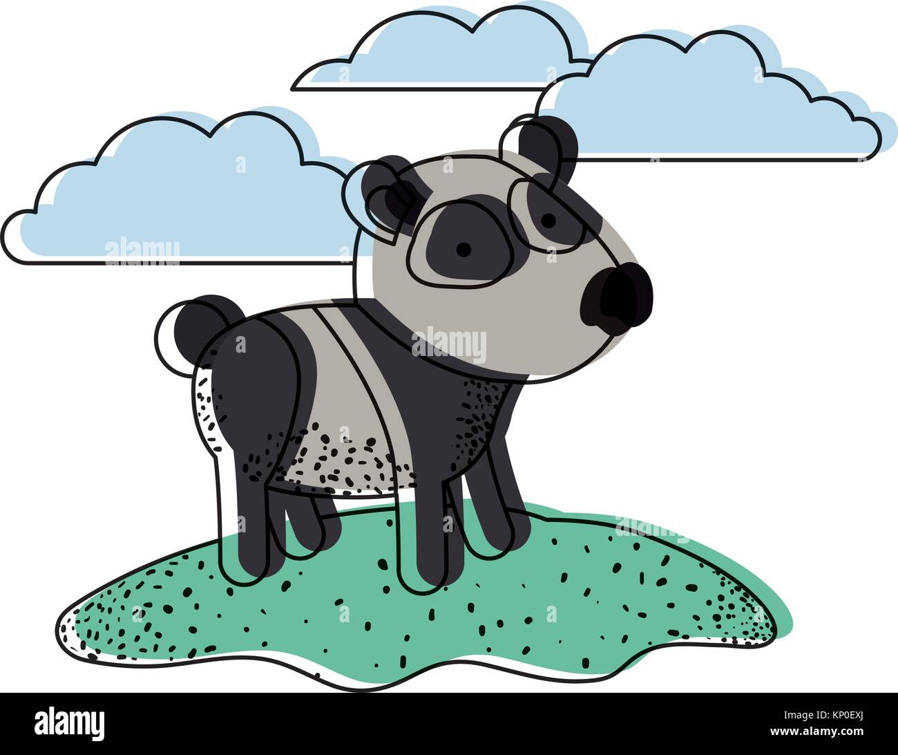 panda cartoon in outdoor scene with clouds in watercolor silhouette ...