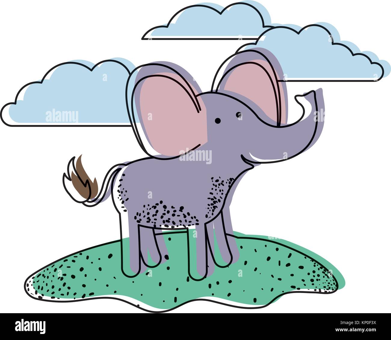 elephant cartoon in outdoor scene with clouds in watercolor silhouette ...