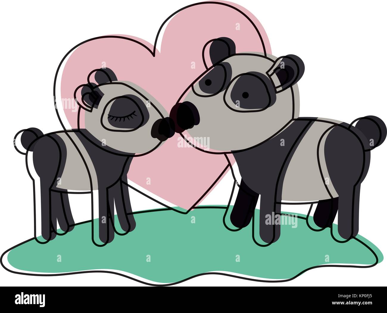 pandas couple over grass in watercolor silhouette on white background ...