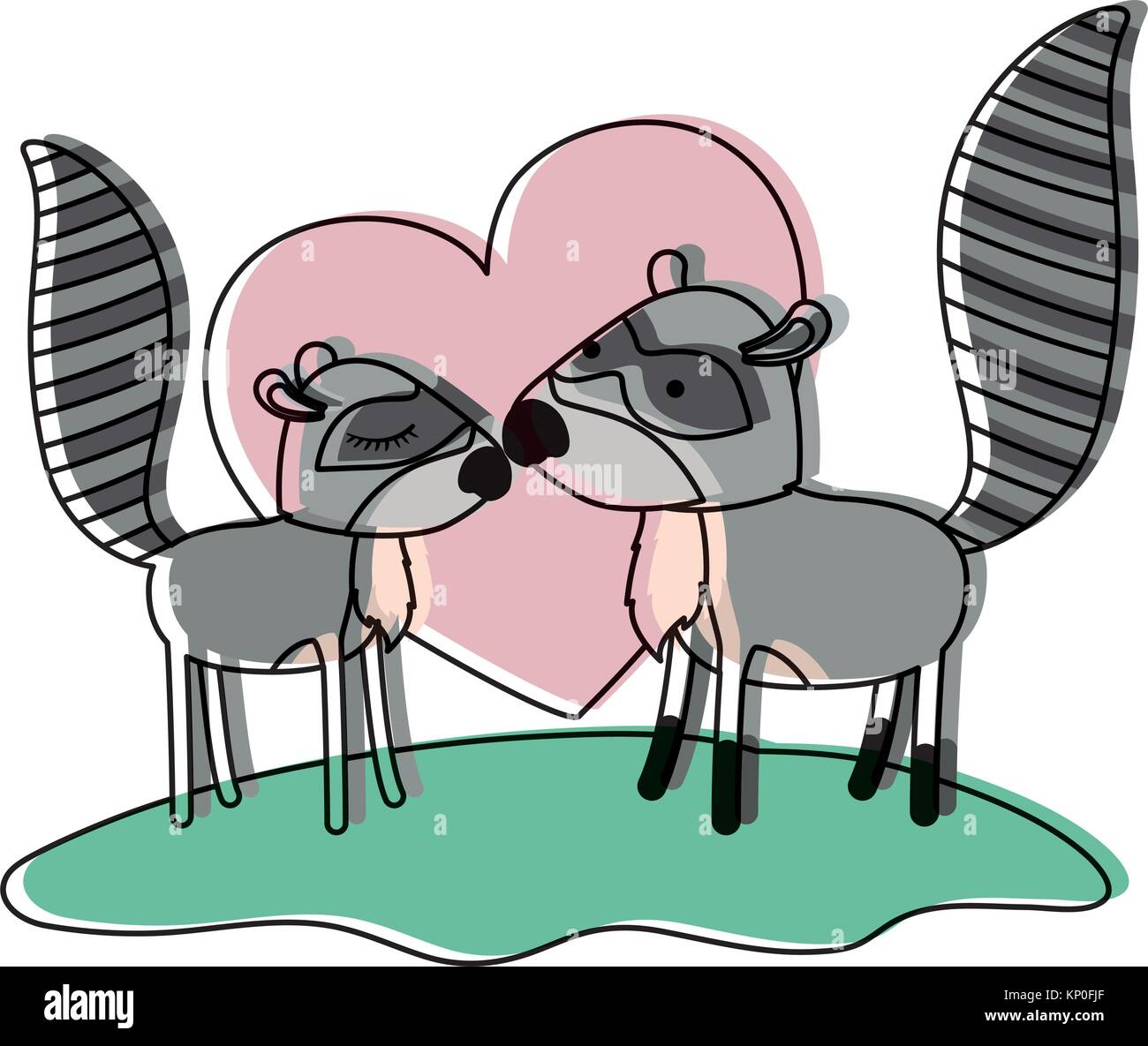 raccoon couple over grass in watercolor silhouette on white background ...