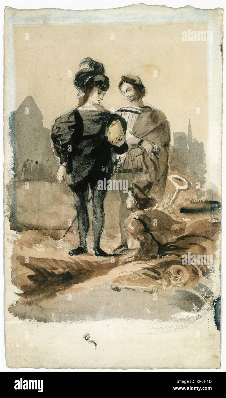 Depiction of Hamlet and Horatio in the graveyard scene from Shakespeare ...