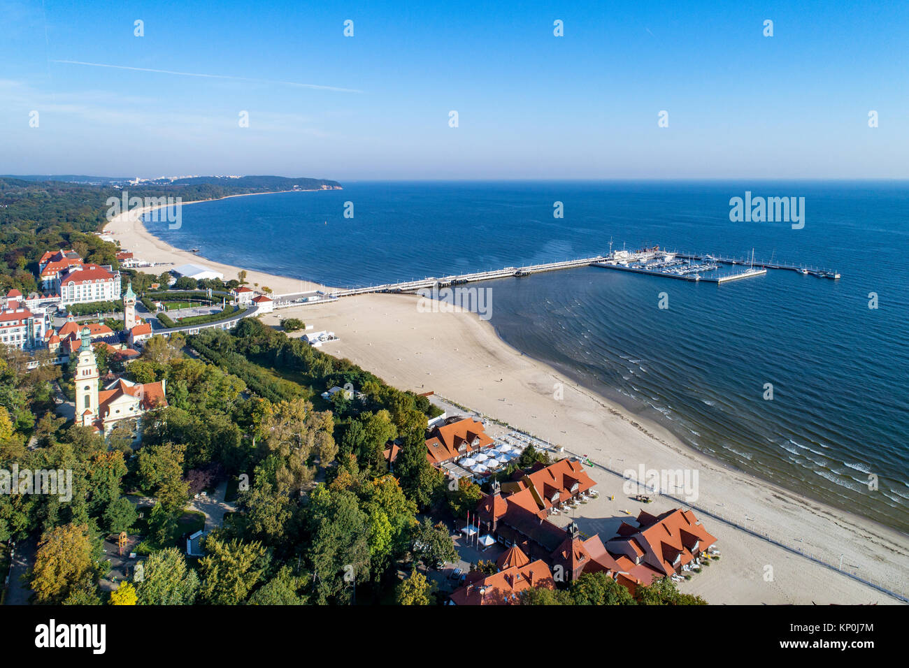 Sopot resort in Poland. Wooden pier (molo) with marina, yachts, beach ...