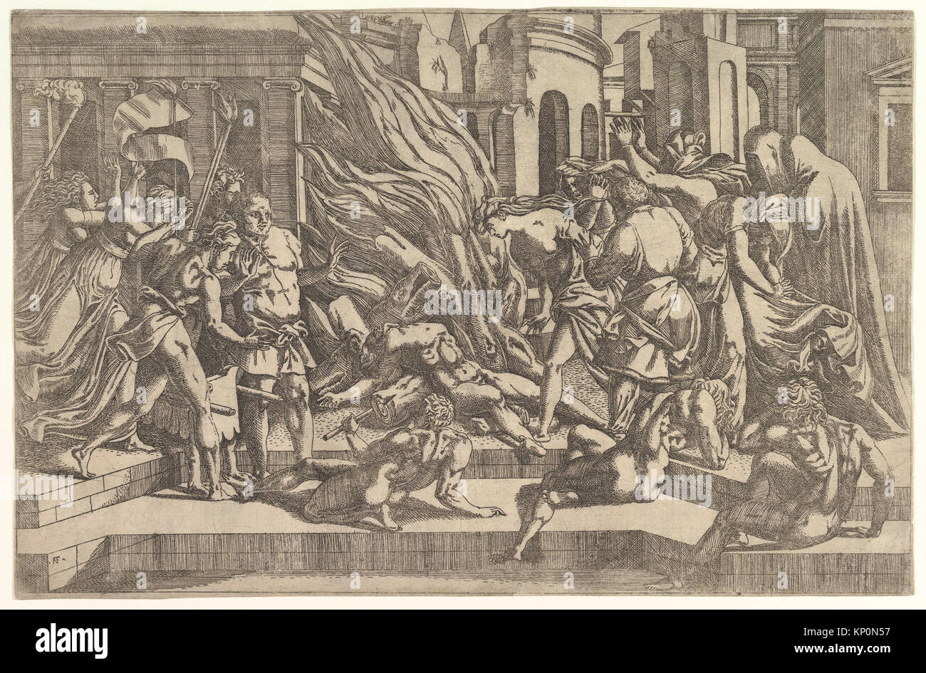 Burning of a male corpse surrounded by dressed and undressed figures in ...