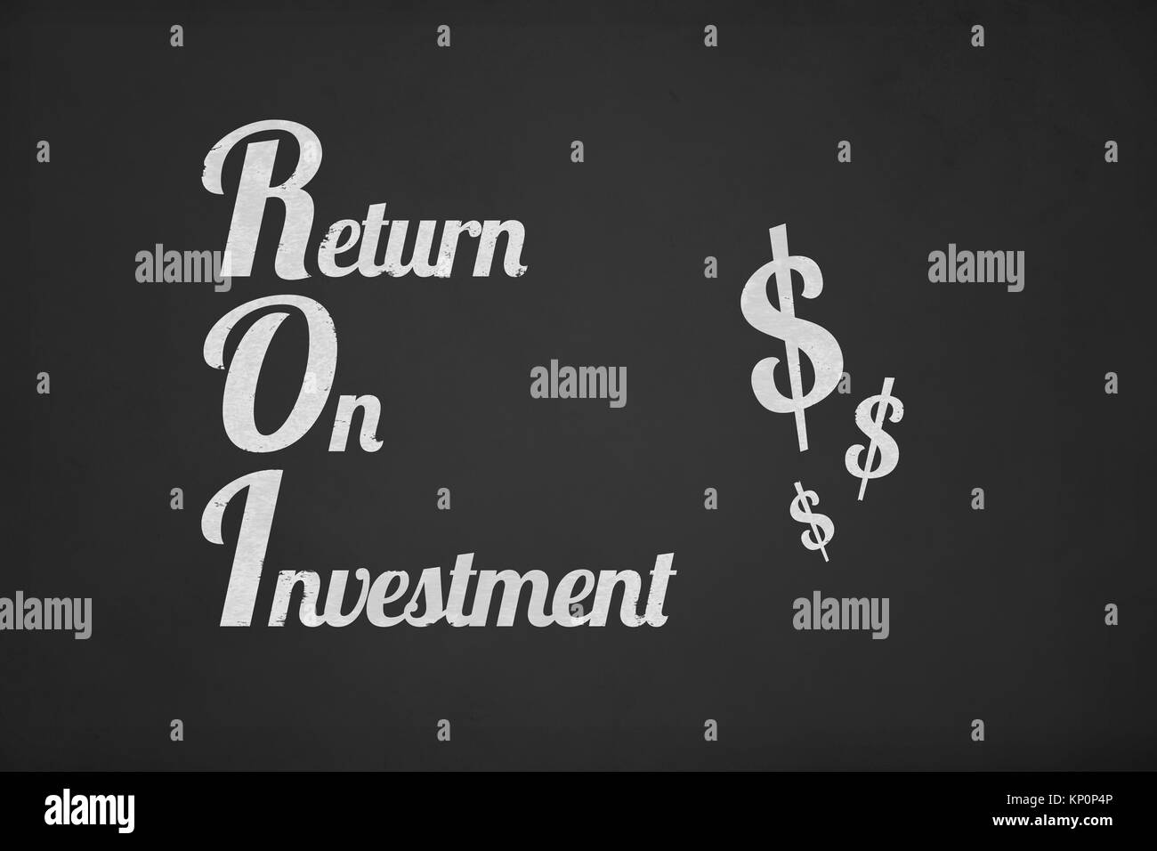 Illustrative white return on investment text with dollar symbols on ...