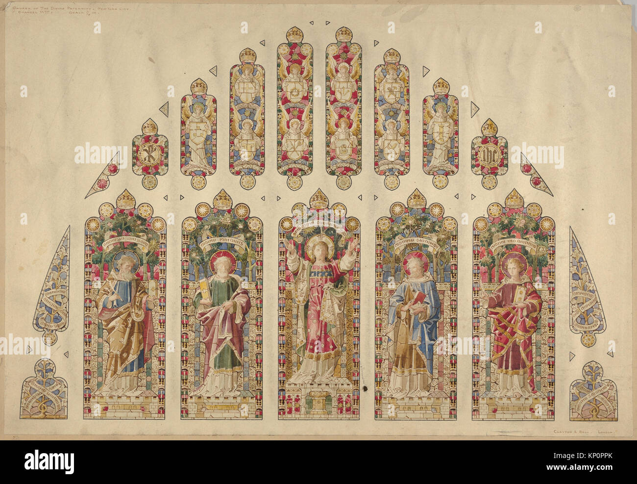 This drawing depicts a multi-paned stained-glass window design ...