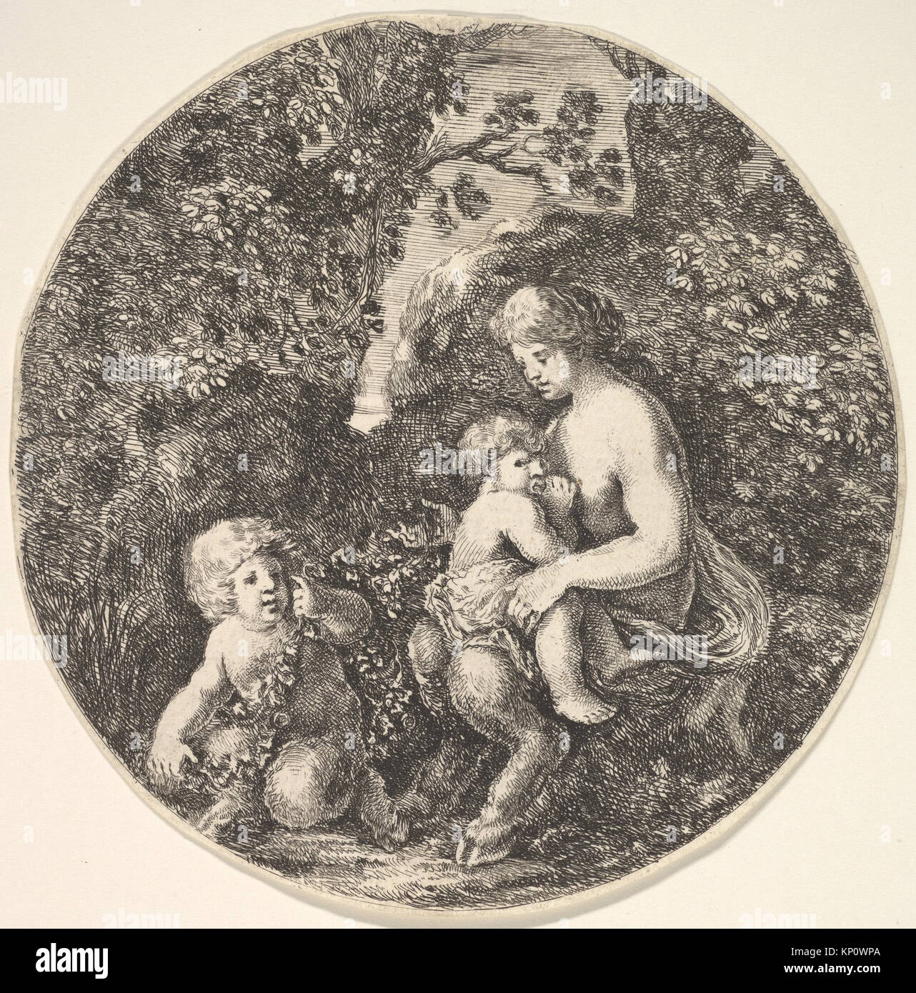 A female satyr breastfeeding an child to the right, turned towards the ...