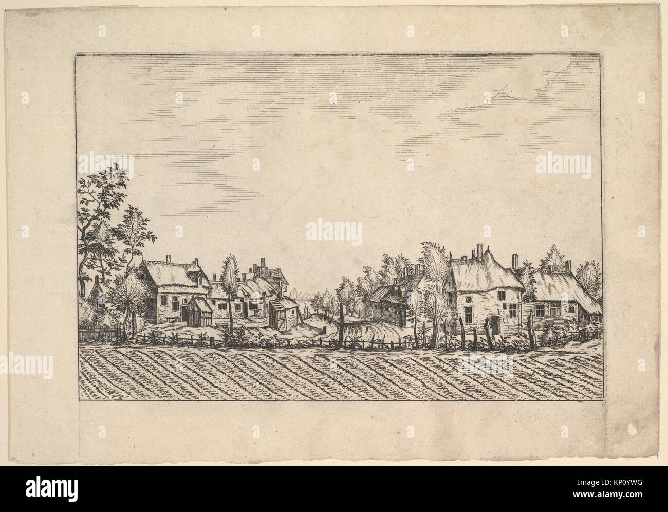 An illustration depicting farms with a ploughed field in the foreground ...