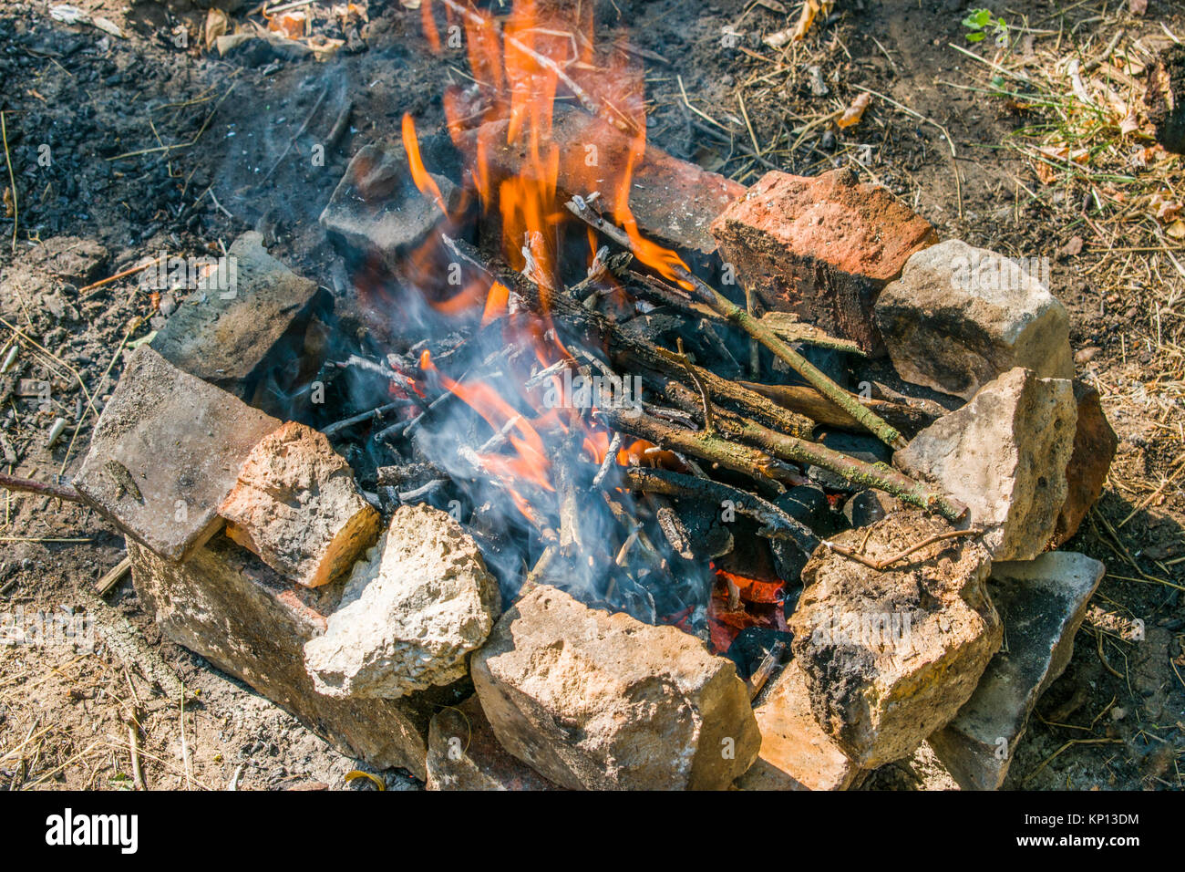 Bonfire, divorced in the forest. Very hot fire. Hot summer day Stock ...