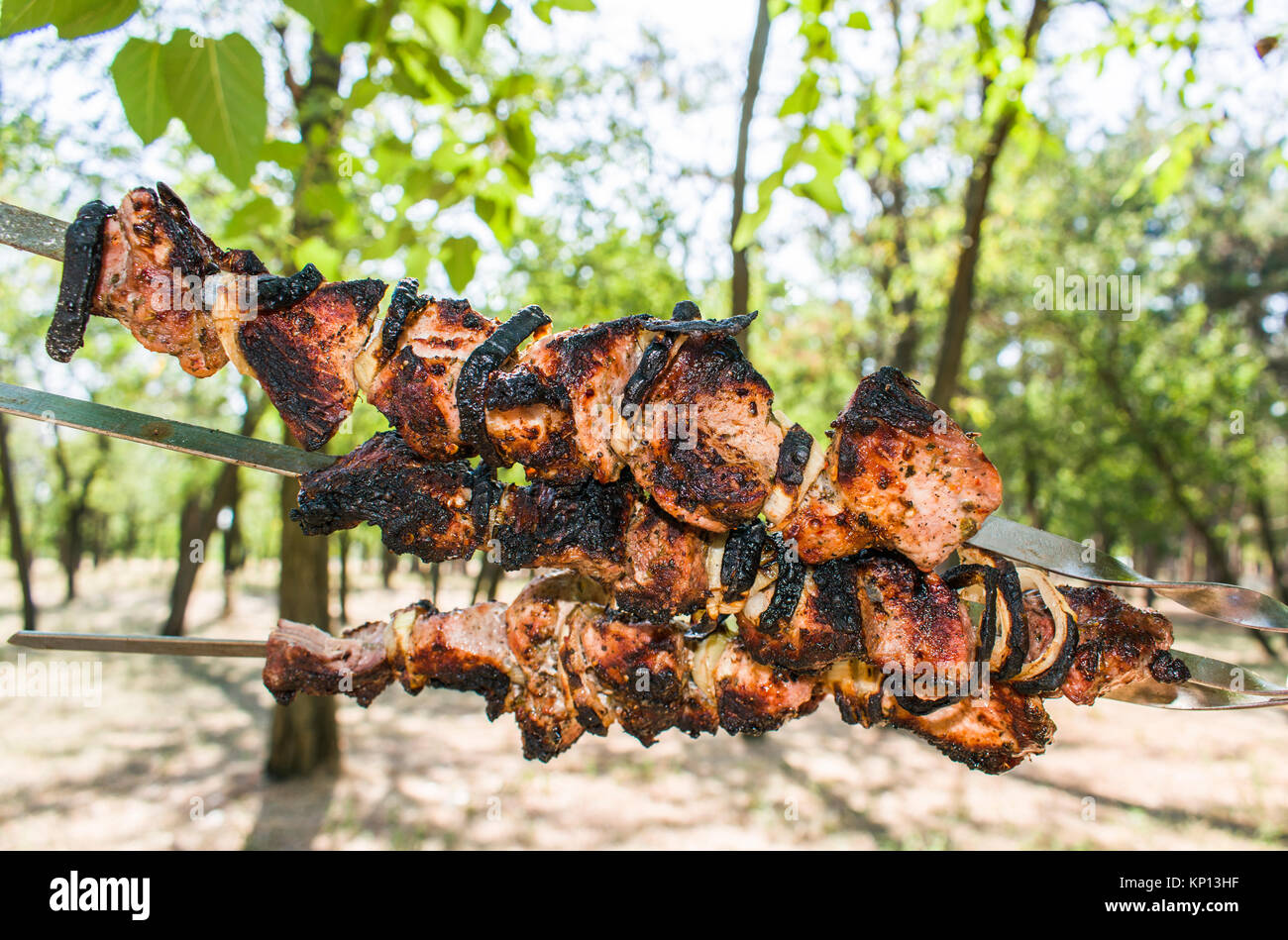 Ready meat on skewers outdoors in the forest Stock Photo - Alamy