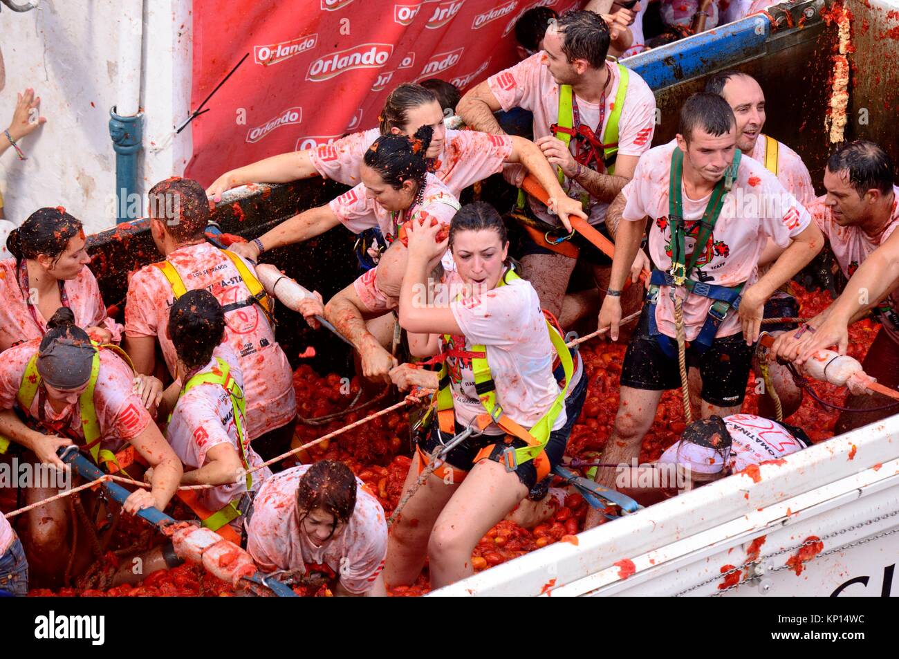 Young people enjoying the Tomatina, the world´s largest tomato fight ...