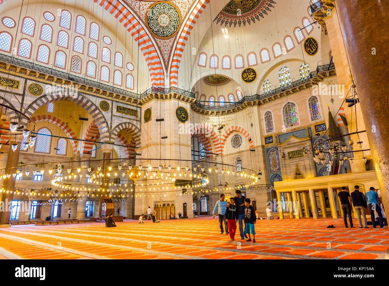 Unidentified Turkish Muslim men praying in Suleymaniye mosque,decorated ...