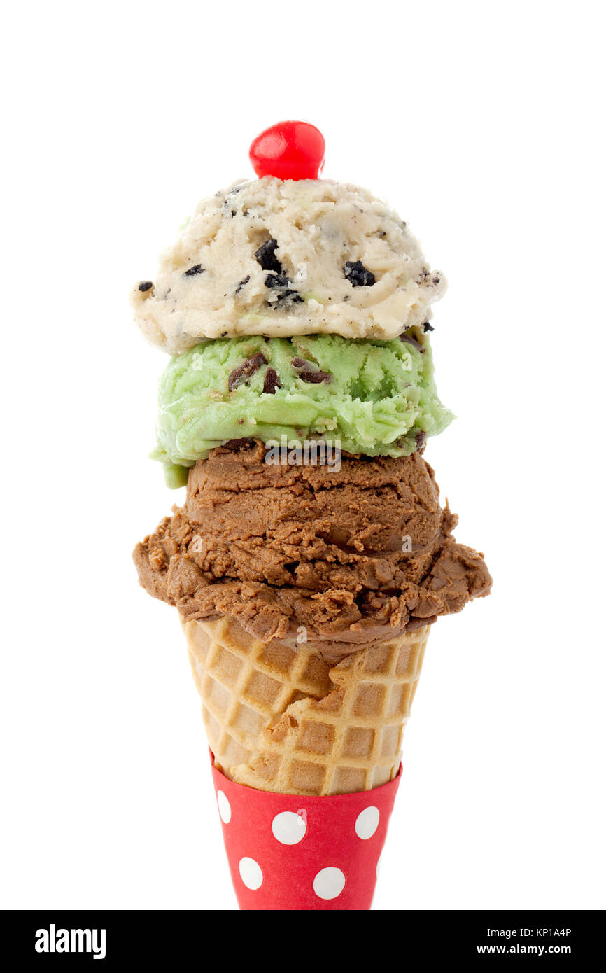 three flavor in one ice cream cone with cherry Stock Photo - Alamy