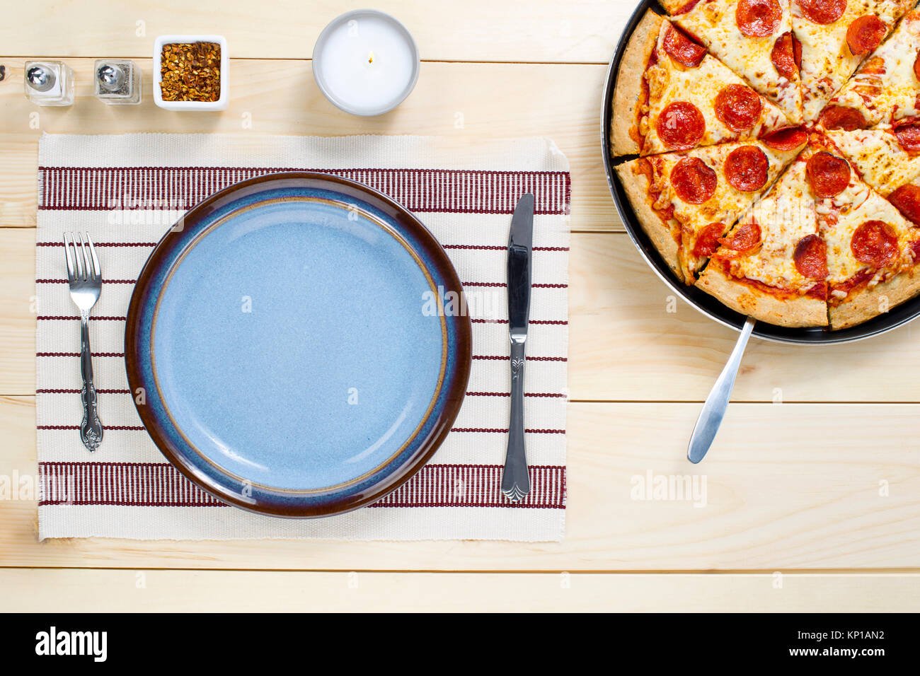 top view of table utensil and pizza Stock Photo - Alamy
