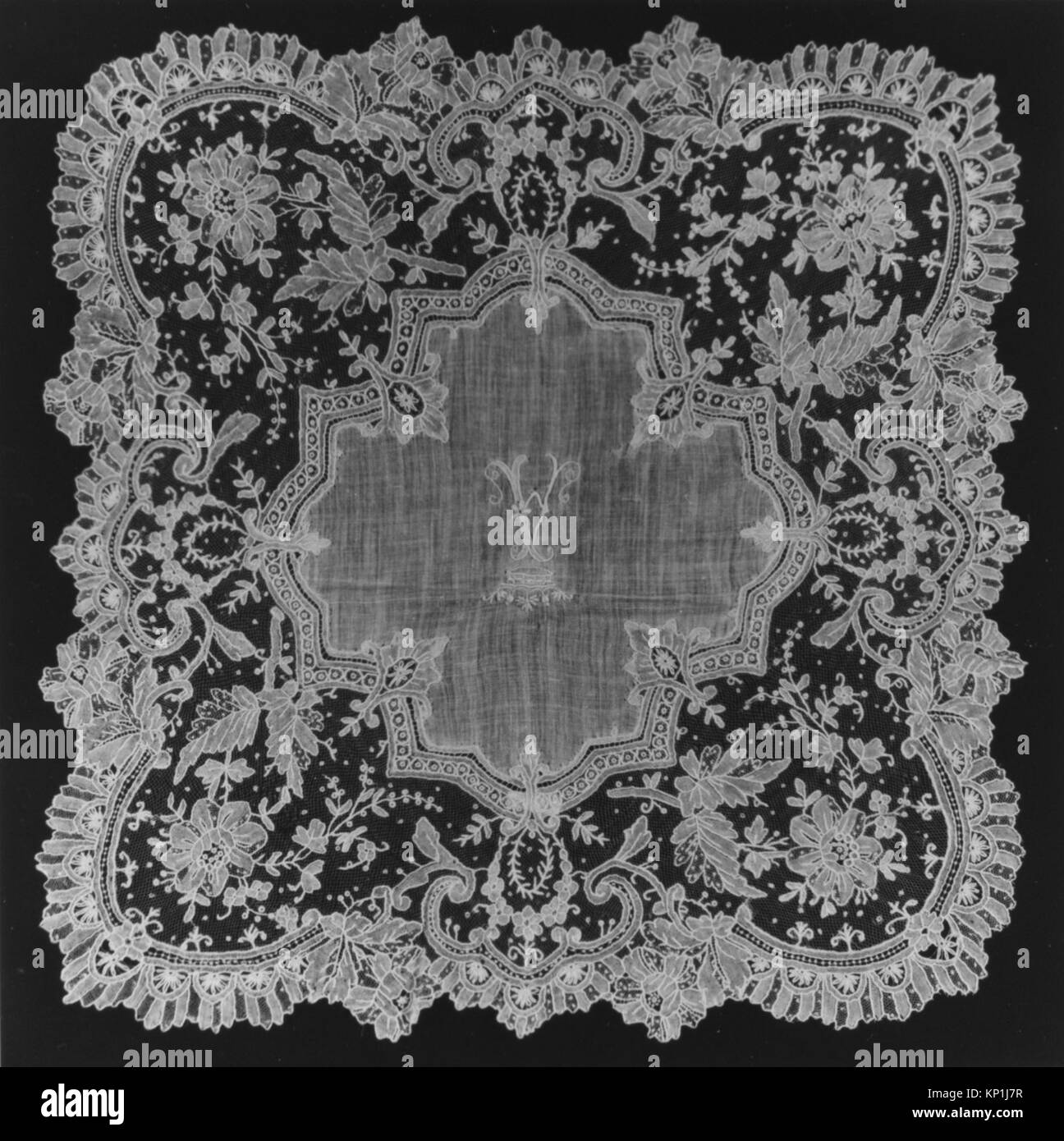 A historical handkerchief, preserved as a textile artifact, featuring ...