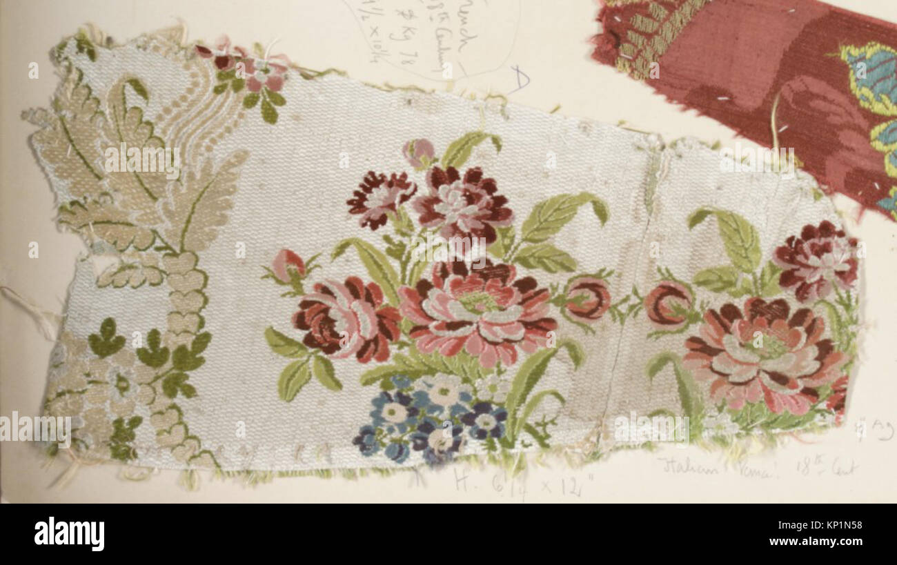 Woven textile fragment showing fibers and decorative motifs, preserved ...
