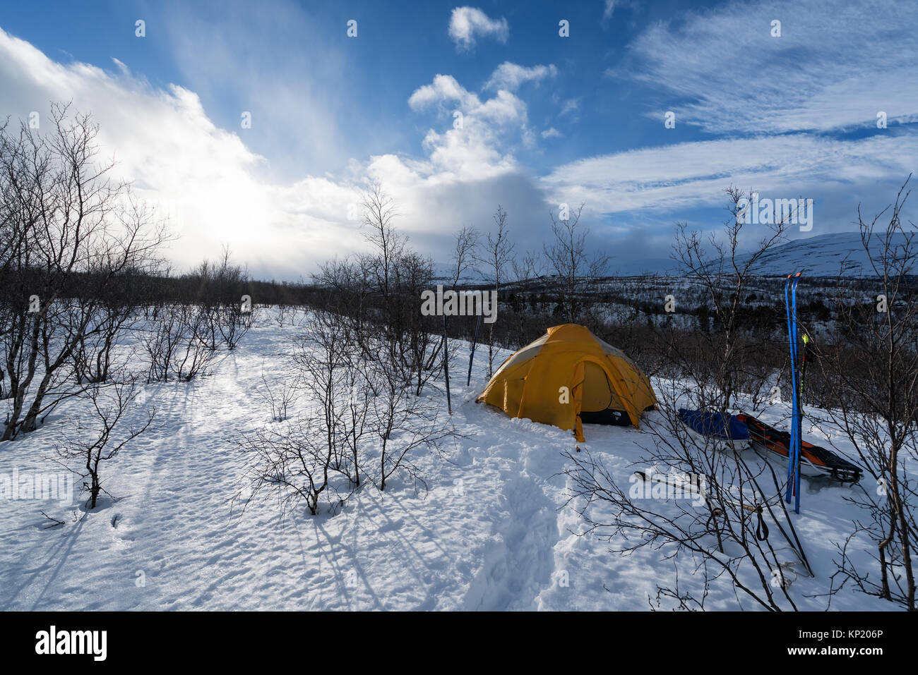 Ski touring in Swedish Lapland, in Kebnekaise massive mountain range ...