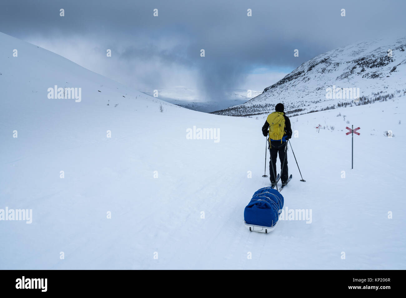 Ski touring in Swedish Lapland, in Kebnekaise massive mountain range ...