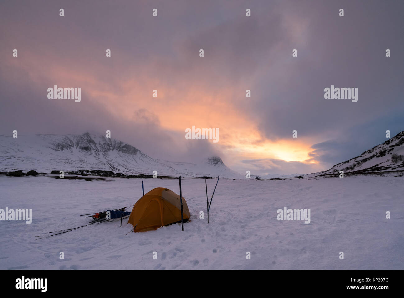 Ski touring in Swedish Lapland, in Kebnekaise massive mountain range ...