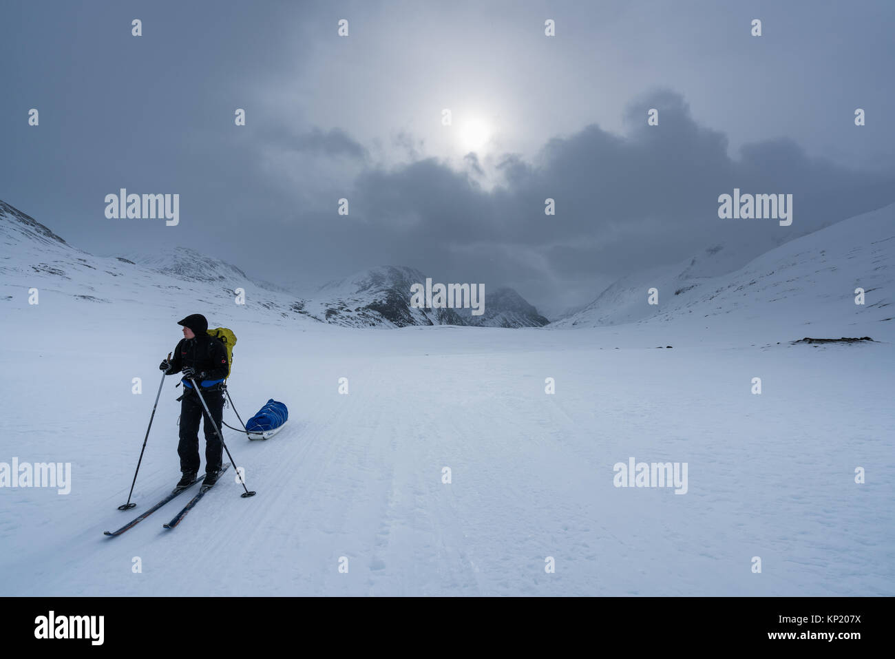 Ski touring in Swedish Lapland, in Kebnekaise massive mountain range ...