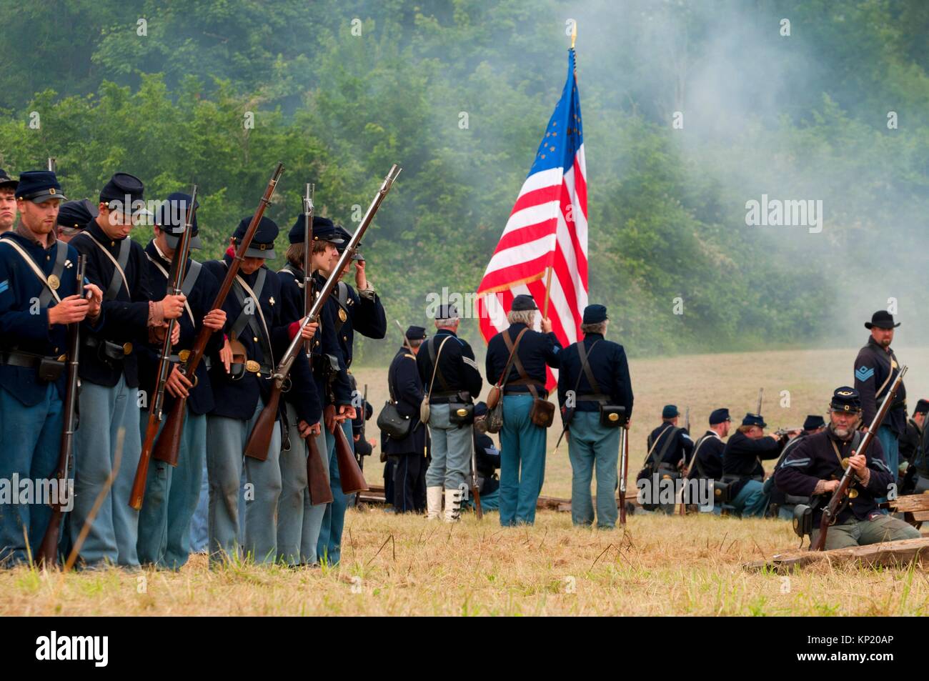 Union soldiers during battle re-enactment, Civil War Reenactment ...