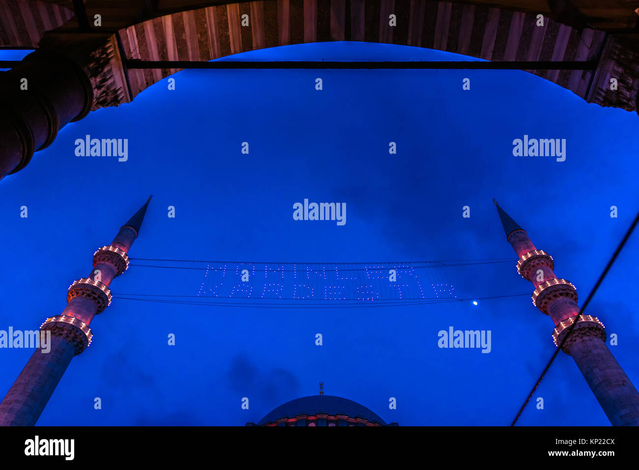 Mahya of ”Muslims are brother” between minarets of Suleymaniye Mosque ...