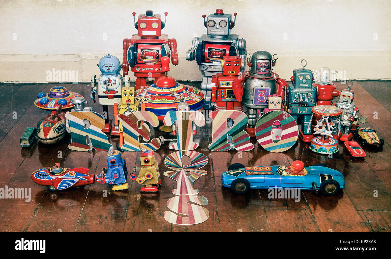 vintage toys on a wooden floor with reflection Stock Photo - Alamy