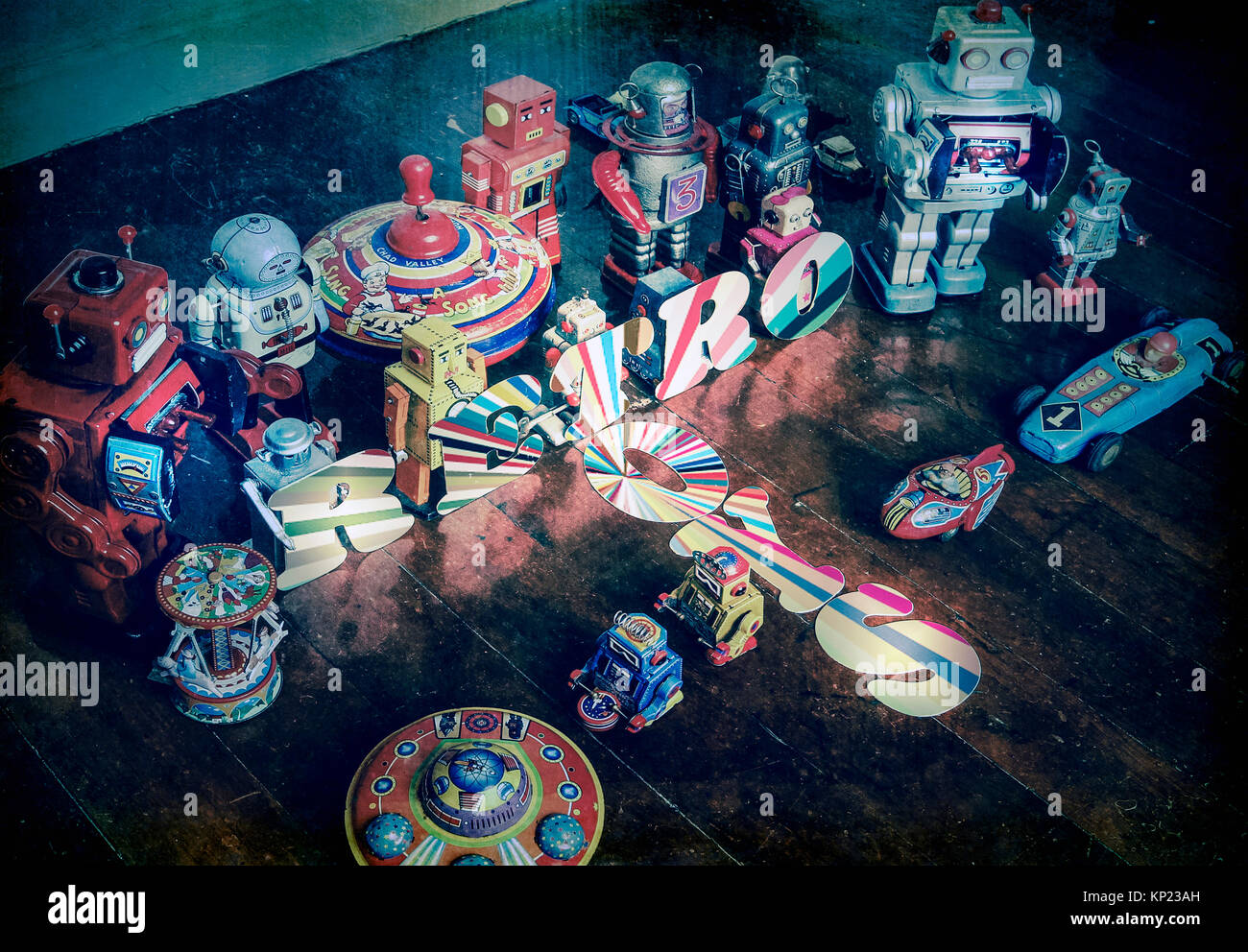 vintage toys on a wooden floor with reflection Stock Photo - Alamy