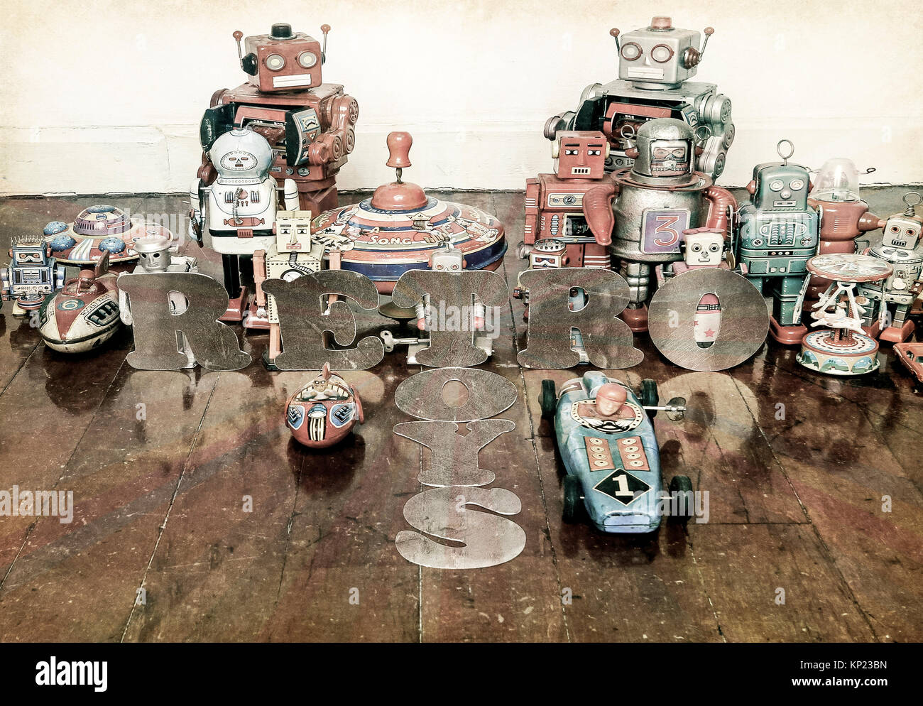 vintage toys on a wooden floor with reflection Stock Photo - Alamy