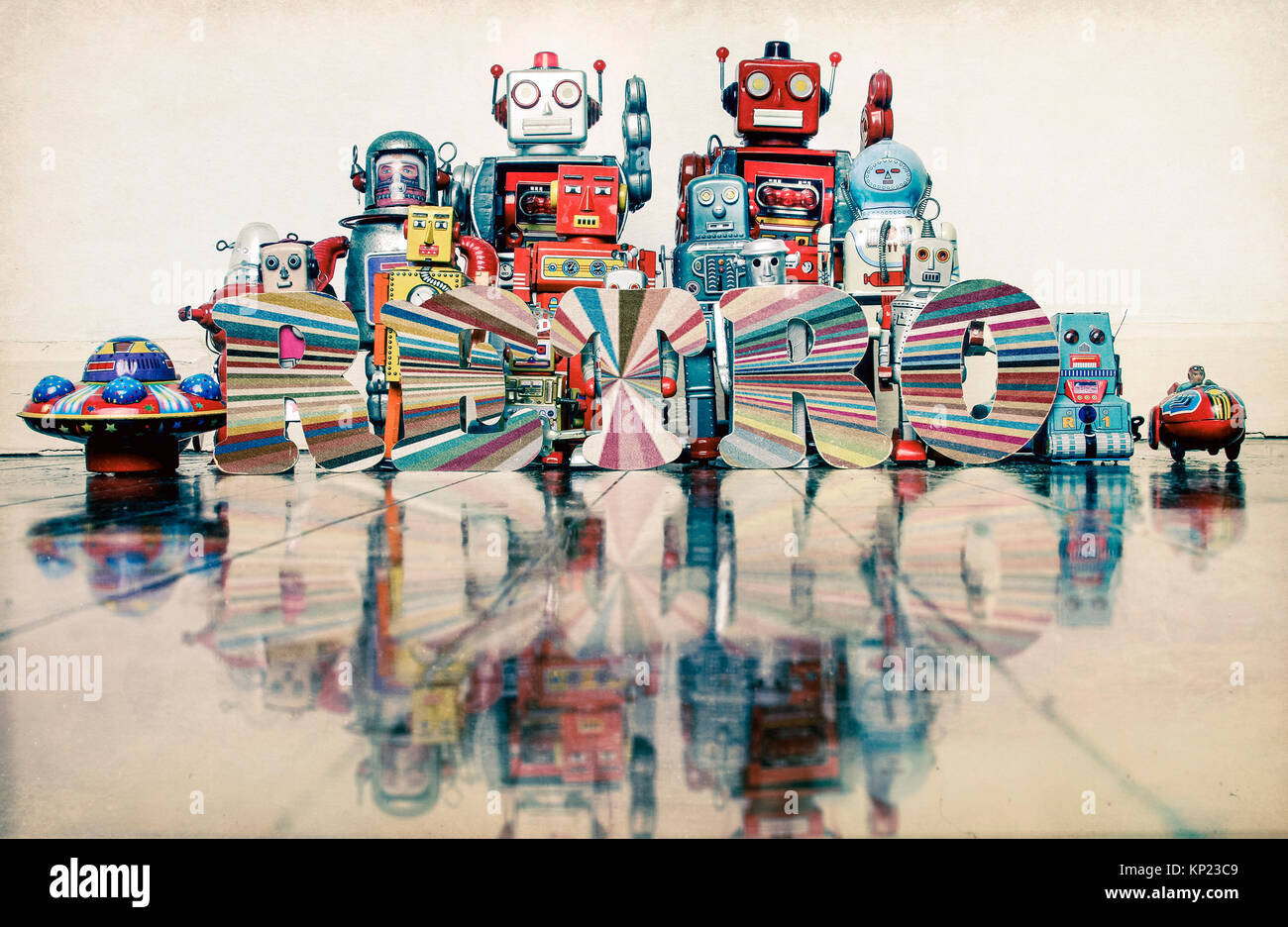 vintage toys on a wooden floor with reflection Stock Photo - Alamy