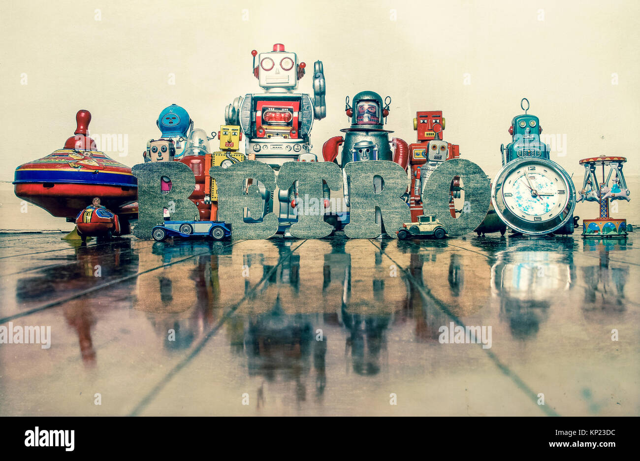 vintage toys on a wooden floor with reflection Stock Photo - Alamy