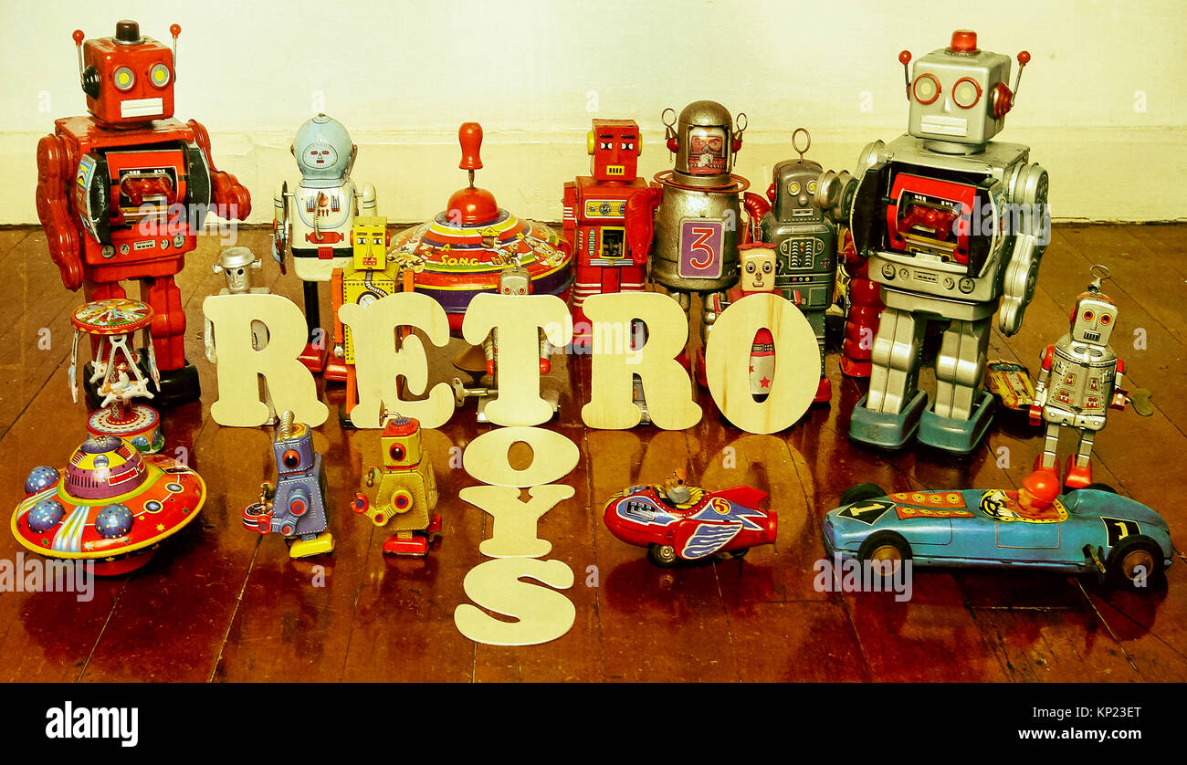 vintage toys on a wooden floor with reflection Stock Photo - Alamy