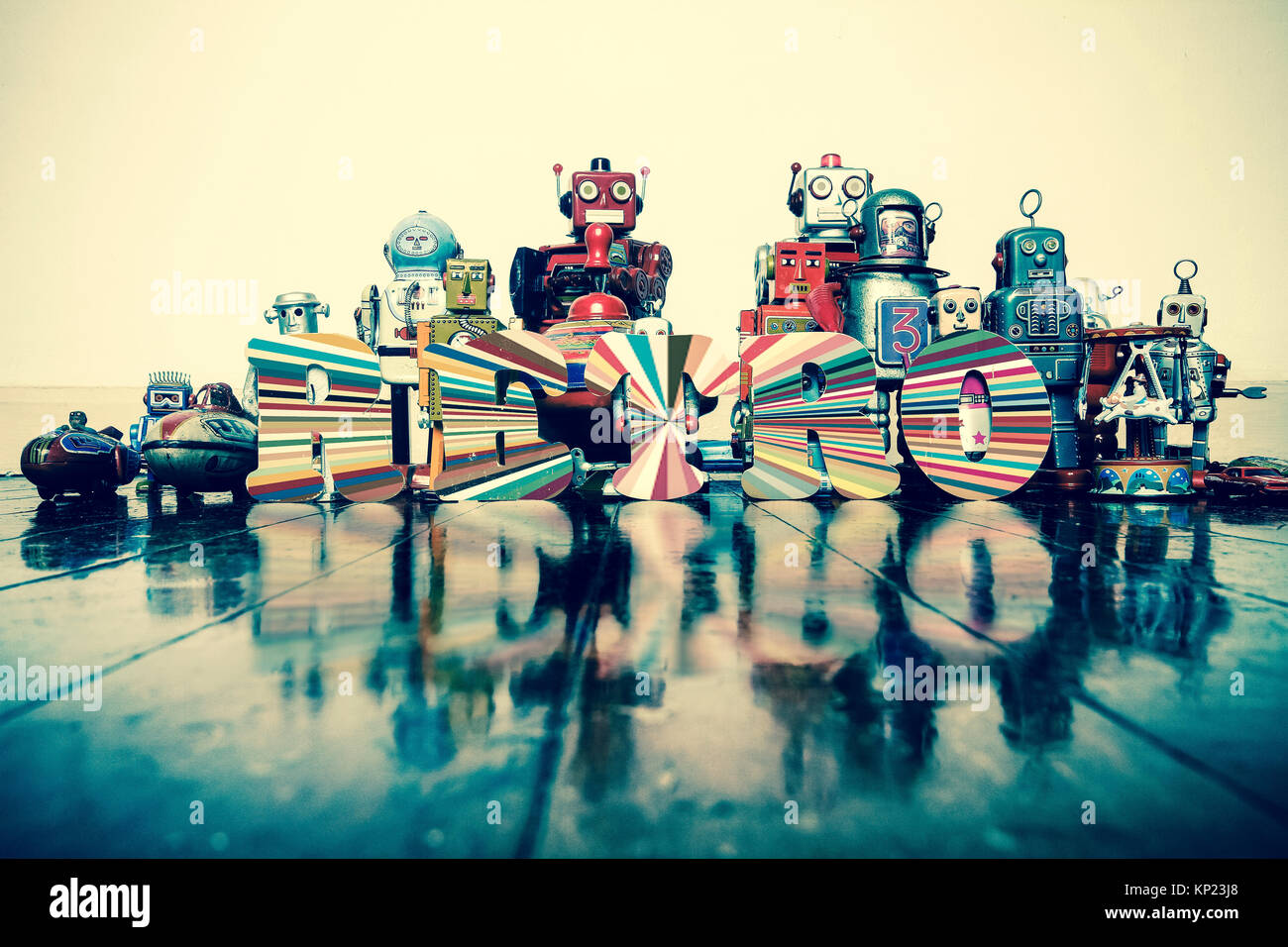 vintage toys on a wooden floor with reflection Stock Photo - Alamy