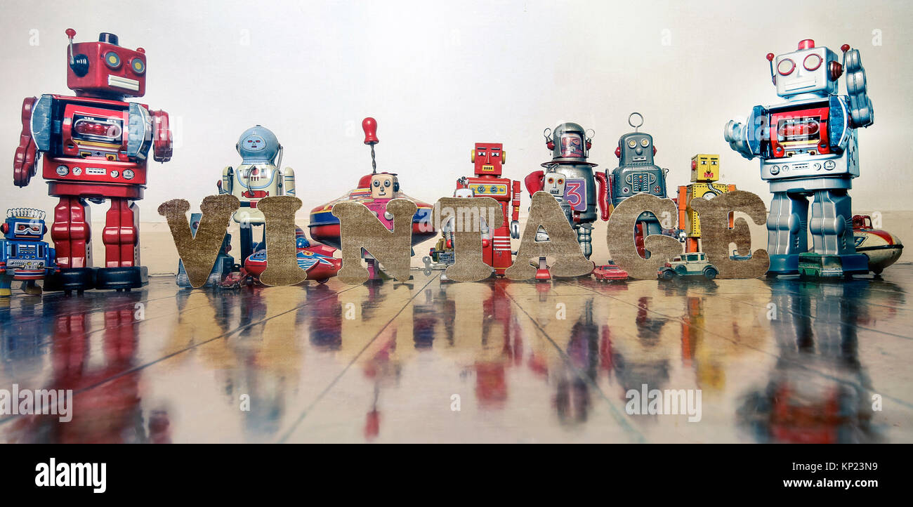 vintage toys on a wooden floor with reflection Stock Photo - Alamy