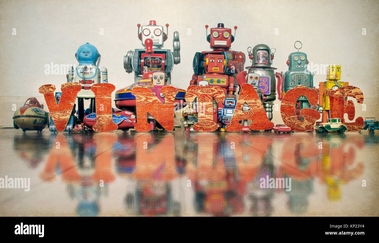 vintage toys on a wooden floor with reflection Stock Photo - Alamy