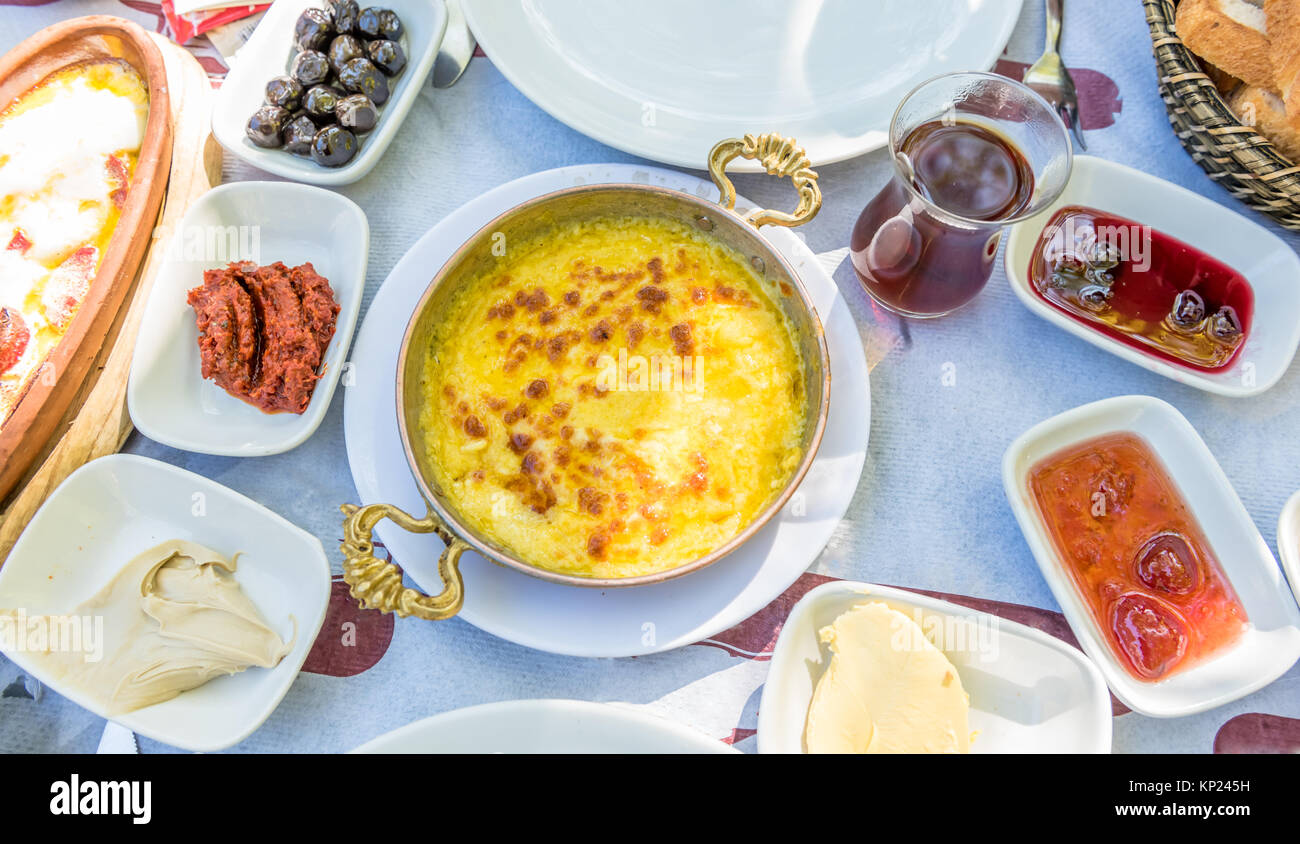 Top view of traditional Turkish breakfast with different food on a ...